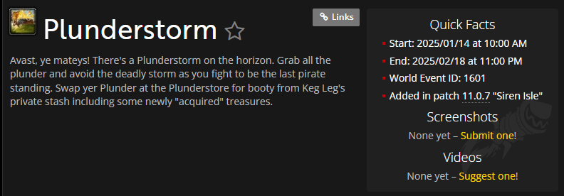 Plunderstorm Dates Updated on 11.0.7 PTR - January 14th to February ...